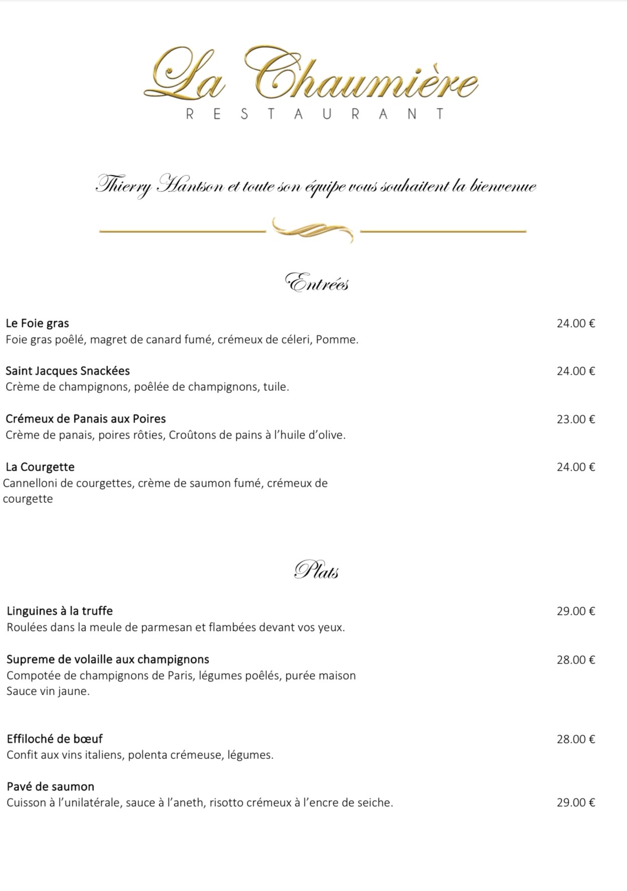 Menu - Restaurant la chaumière